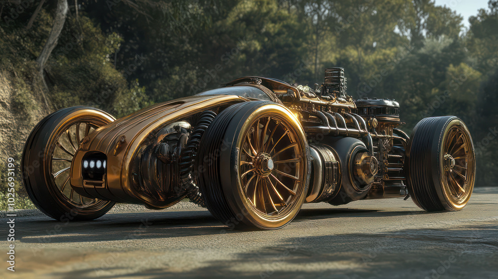 Steampunk vehicle design with brass wheels, steam-powered engine, and ...