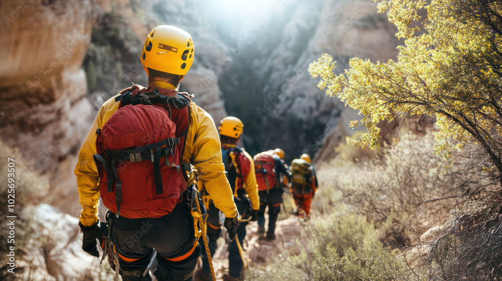 Search and rescue EMTs coordinating with first responders, using ropes ...