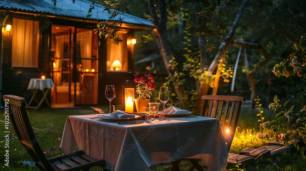 Dinner table in backyard of the cottage prepared for romantic dinner ...