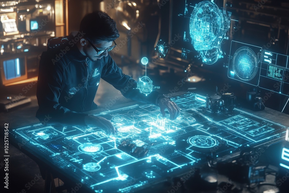 A human inventor working on a glowing, futuristic device that melds ...