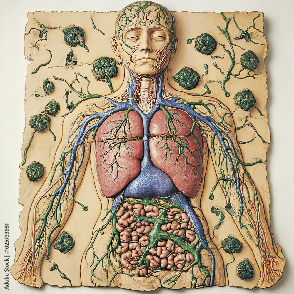 A top view of the lymphatic system, showing the lymph nodes, spleen ...