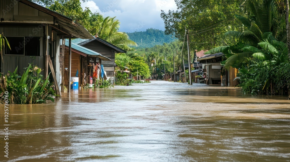 A flood-prone region experiencing heavy rainfall and overflowing rivers ...