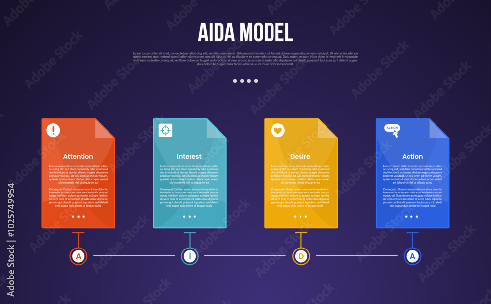 AIDA model infographic template with timeline style horizontal box dark ...
