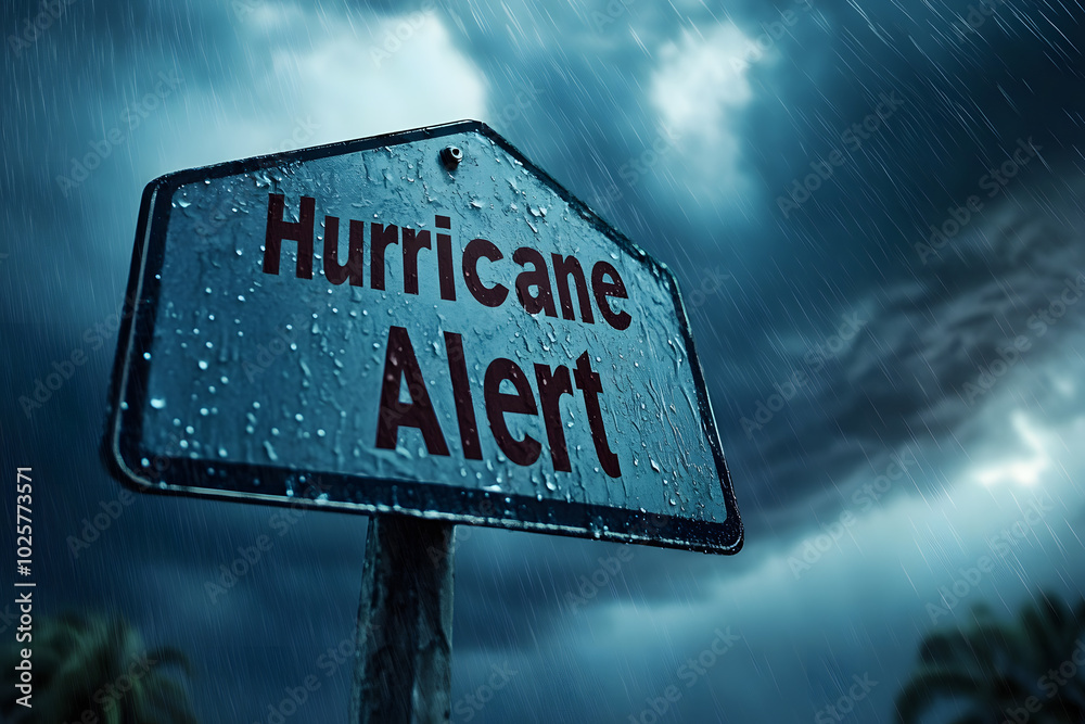 "Hurricane Alert" weather warning sign in bold letters against a ...