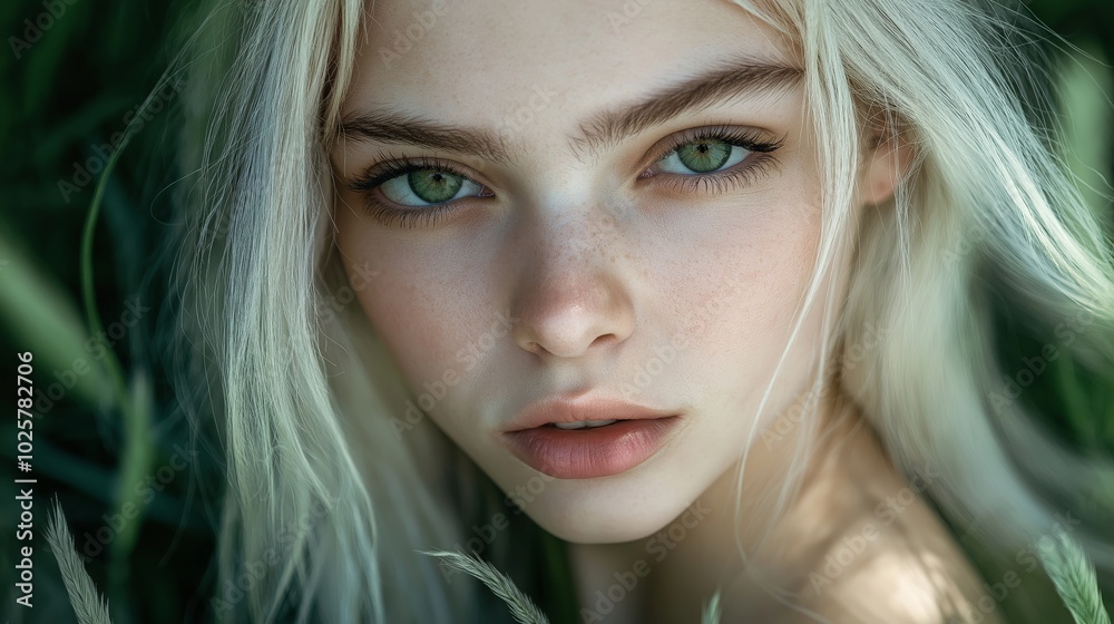 teen, droopy green eyes, arched eyebrows, straight medium blonde hair ...