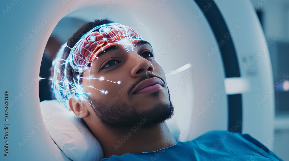 A man is getting an MRI scan,a type of medical imaging test. Electrodes ...