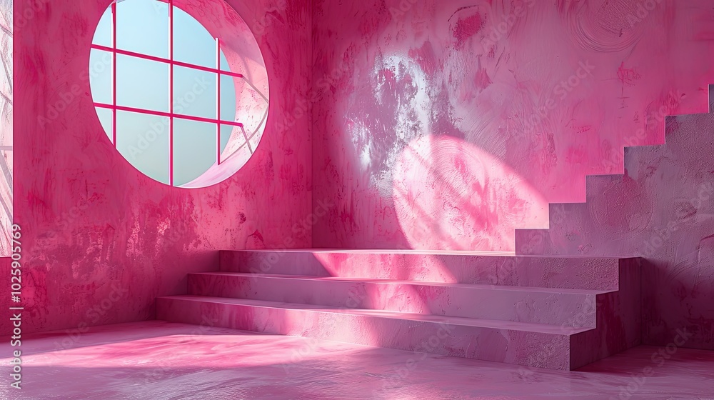 Empty pink pastel studio bg with floor and circle hole in wall for ...