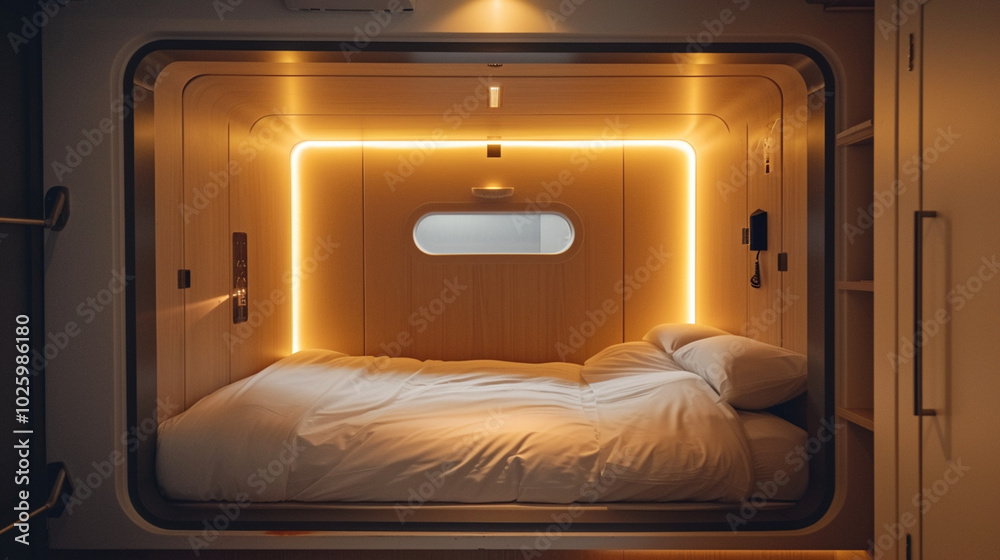 Small, futuristic capsule hotel room with a single bed, designed for ...