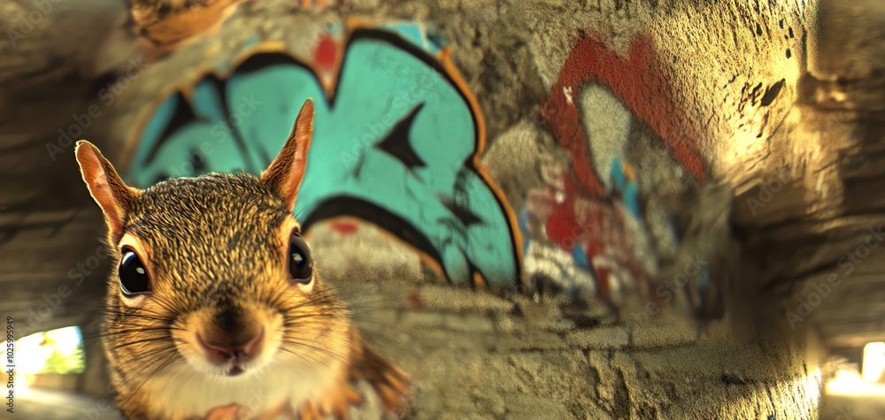 Tilted angle view of a squirrel playfully interacting with street art ...