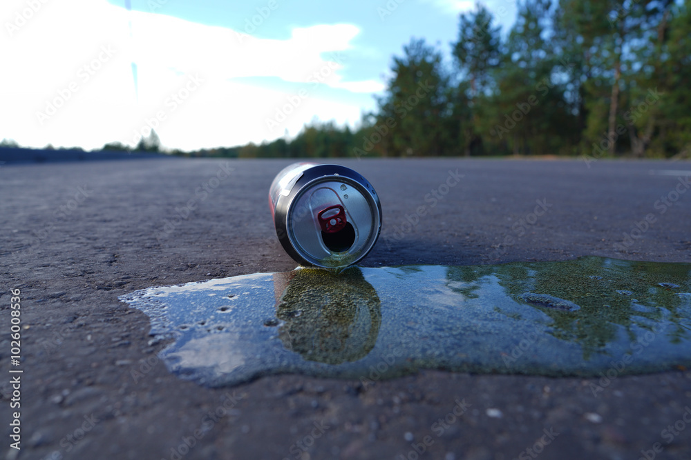 Crumpled soda can on asphalt with drink spilled. Discarded broken ...