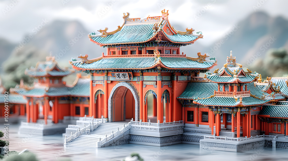 Ancient Chinese-style architecture with intricate details, featuring ...