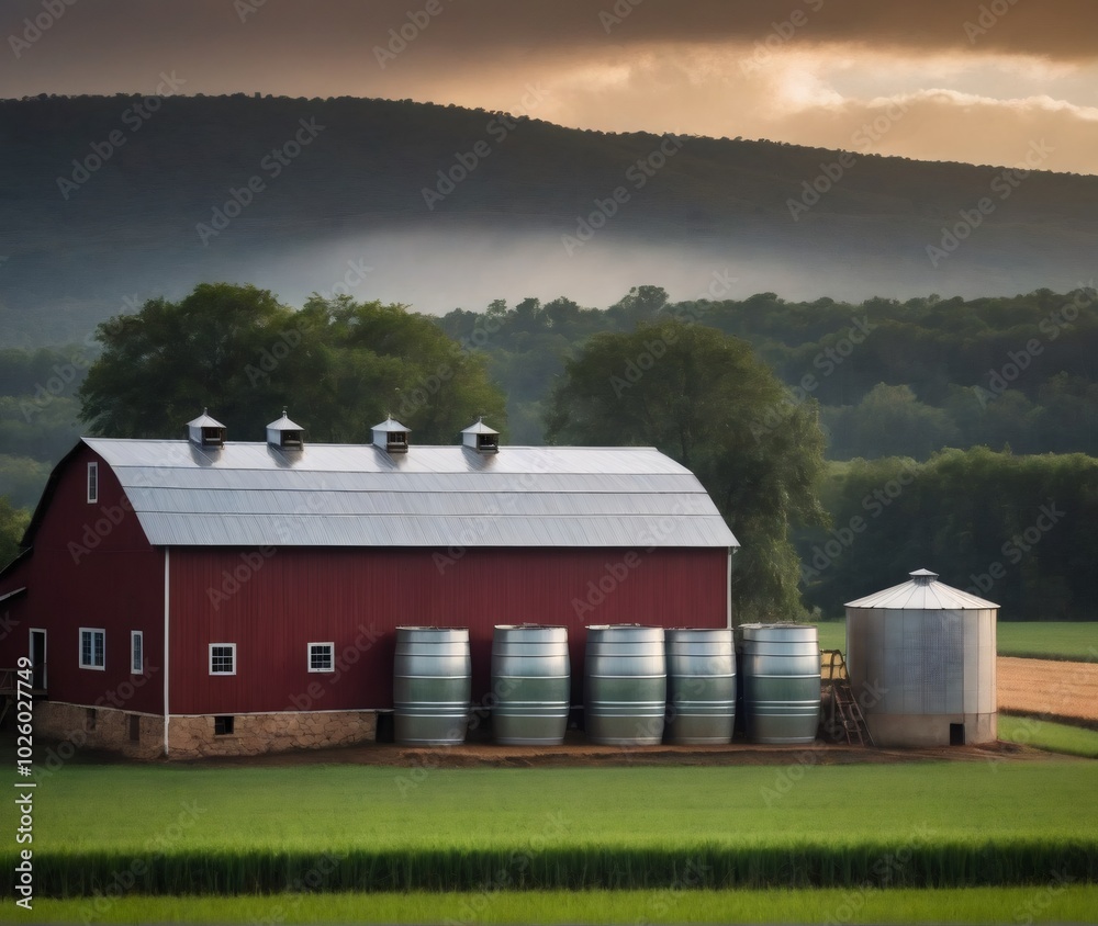 A rural farm equipped with a rainwater harvesting system, featuring ...