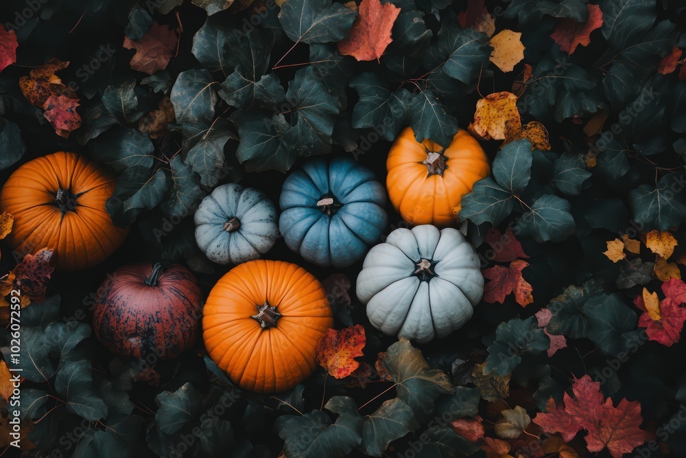 ภาพถ่าย Stock aggressively festive fall teams background with pumpkins ...