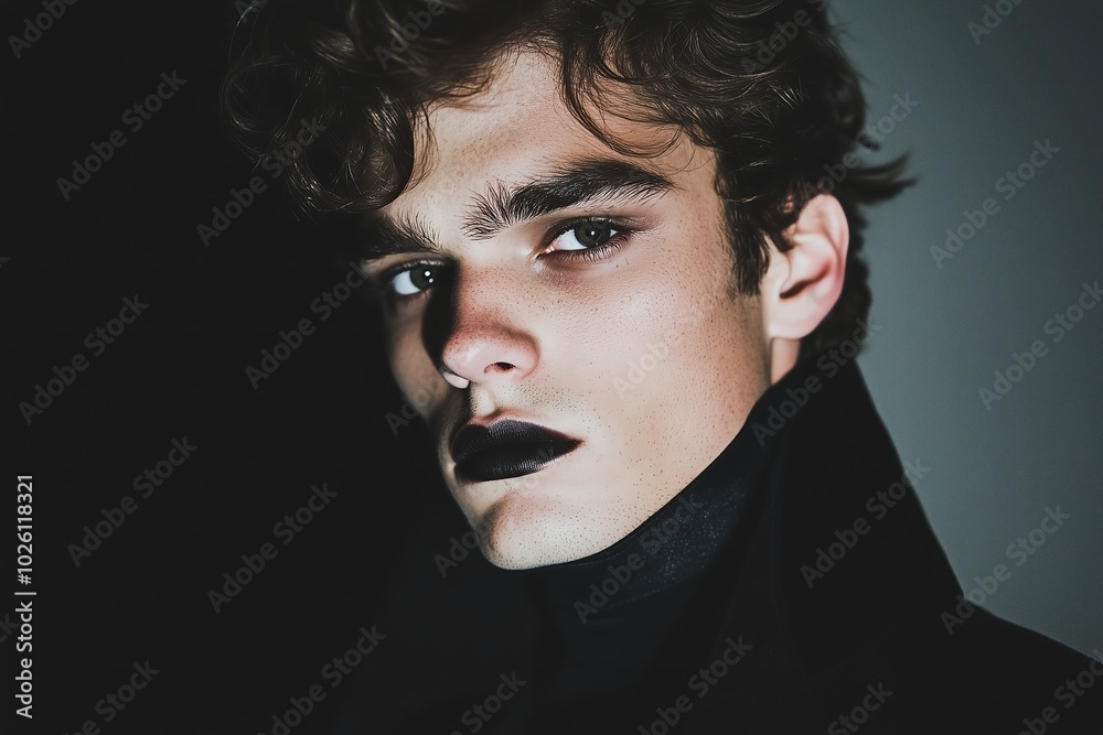 young man with gothic makeup, featuring dark kohl-lined eyes, matte ...
