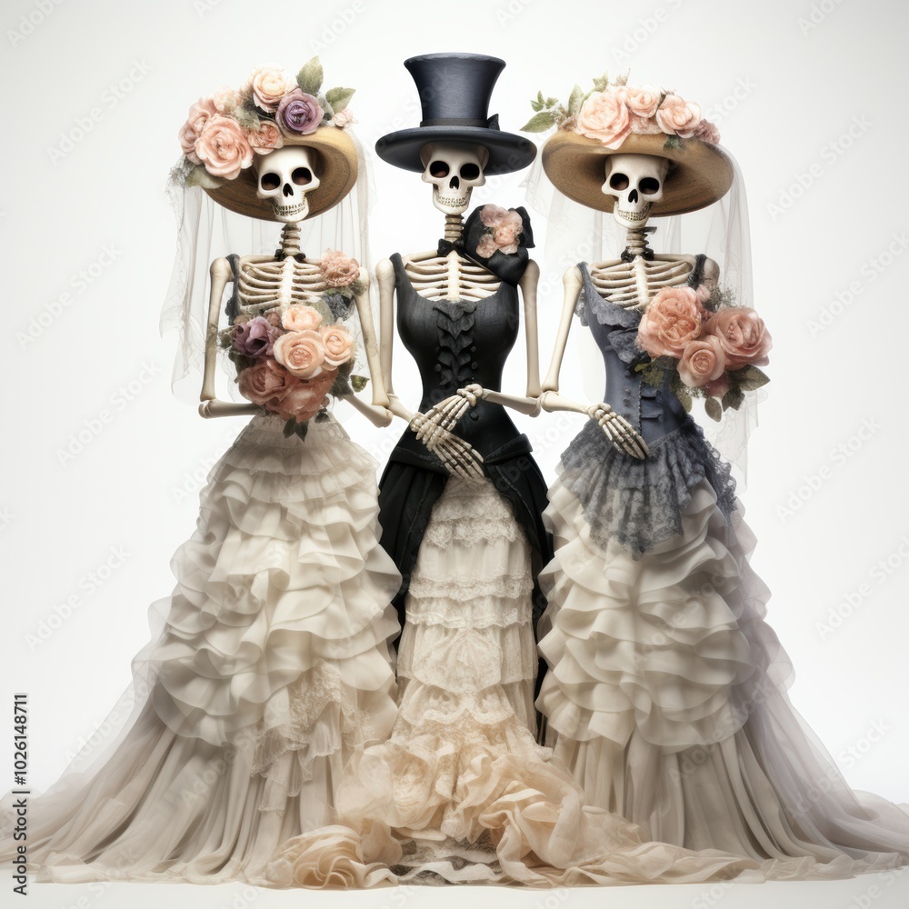 Watercolor Halloween bridal party characters as skeletons with ...