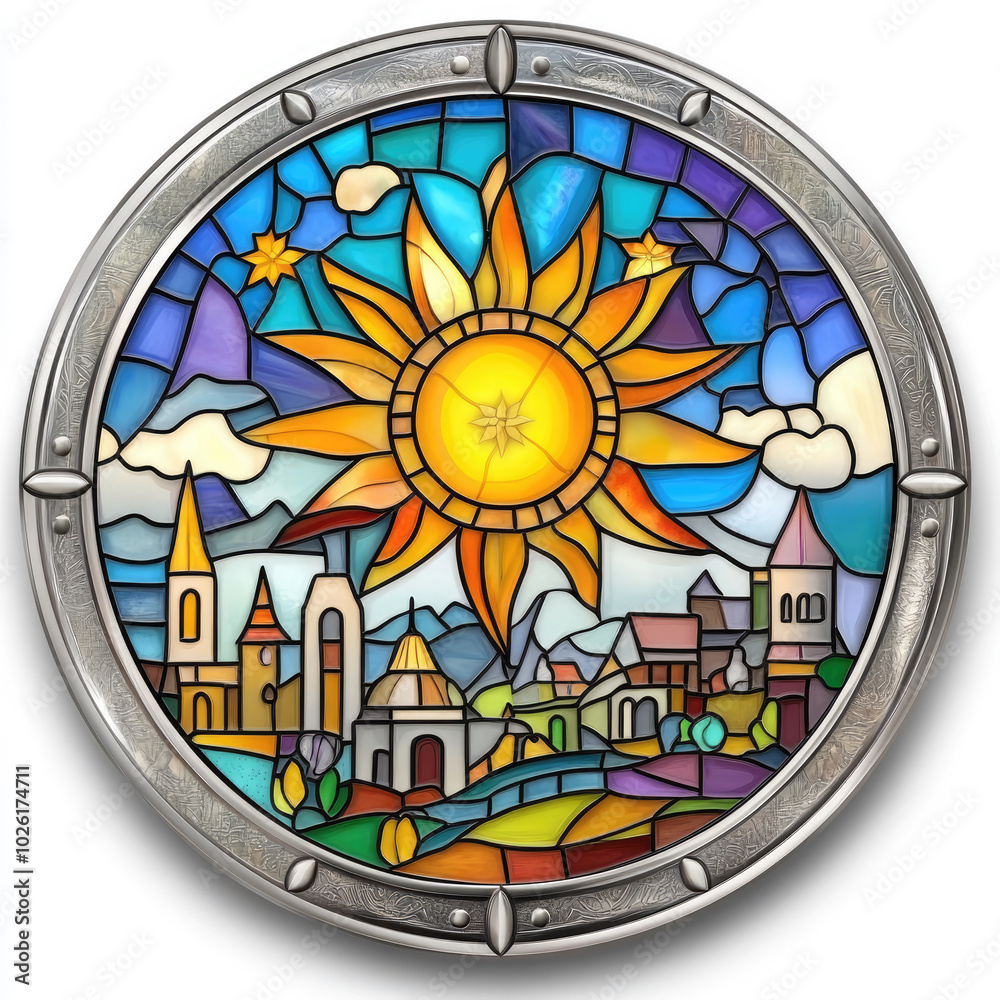 Stained glass window depicting idyllic town under shining sun Stock Photo | Adobe Stock