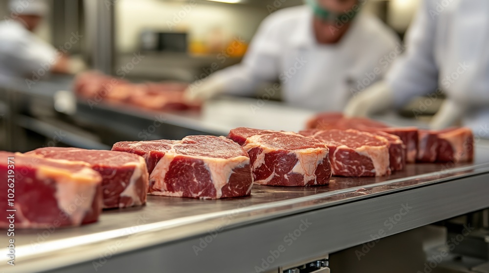 Conveyor belt carrying freshly cut steaks through a meat processing ...
