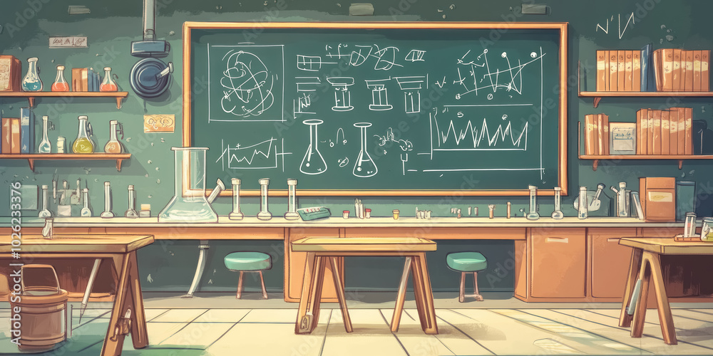 Vintage Science Classroom with Chalkboard Diagrams and Lab Equipment ...