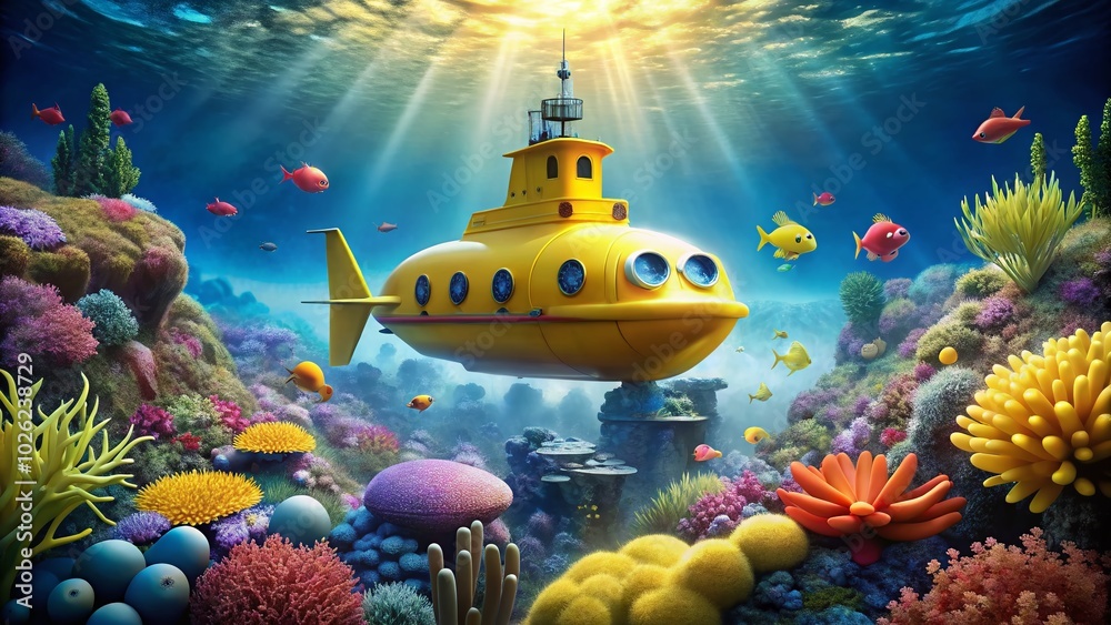 Bright Yellow Submarine Underwater Adventure in Ocean Depths with ...