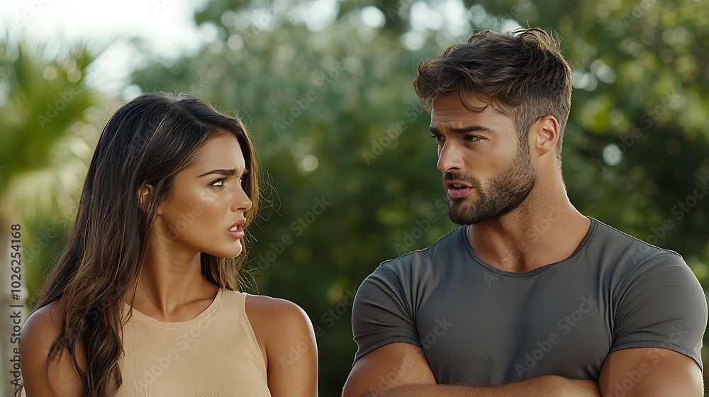 A couple arguing outdoors in a park, standing apart with angry body ...