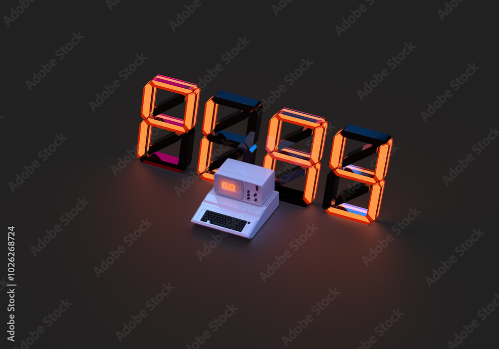 An old computer. There is a game screensaver on the screen with the ...