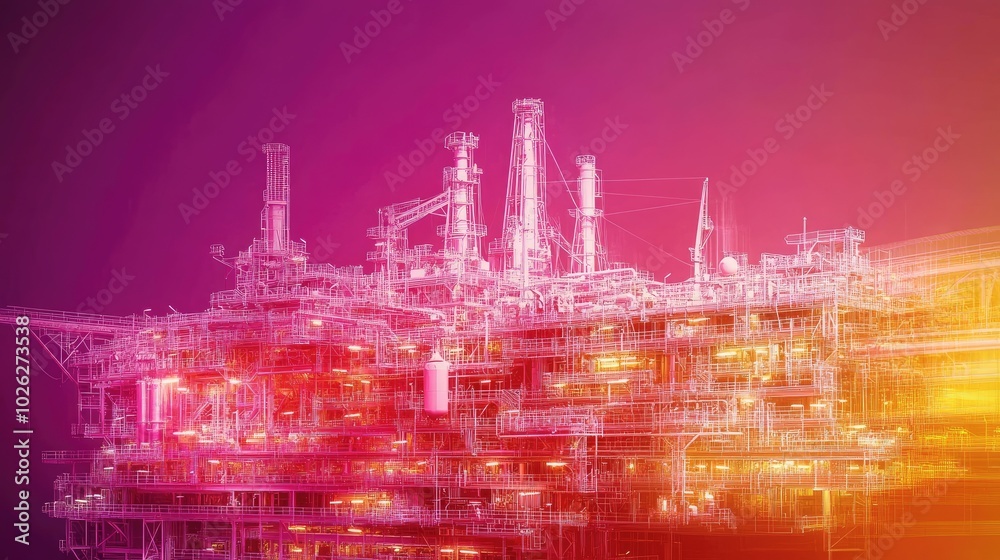 A detailed wireframe model of an offshore oil rig in 3D, highlighting ...