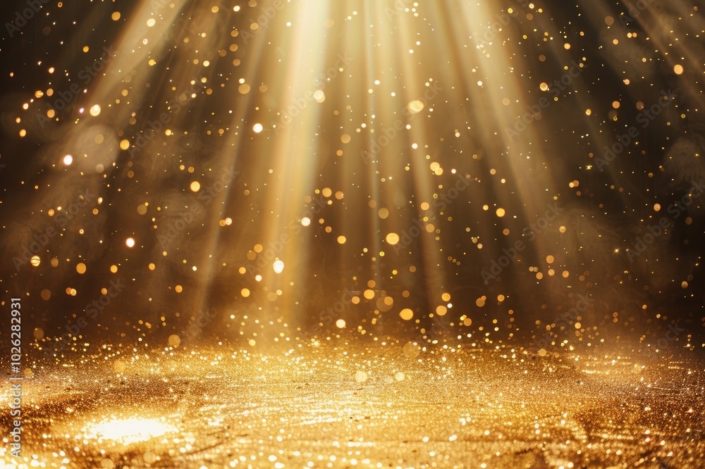 Stage light and golden glitter lights effect with gold rays, beams and ...