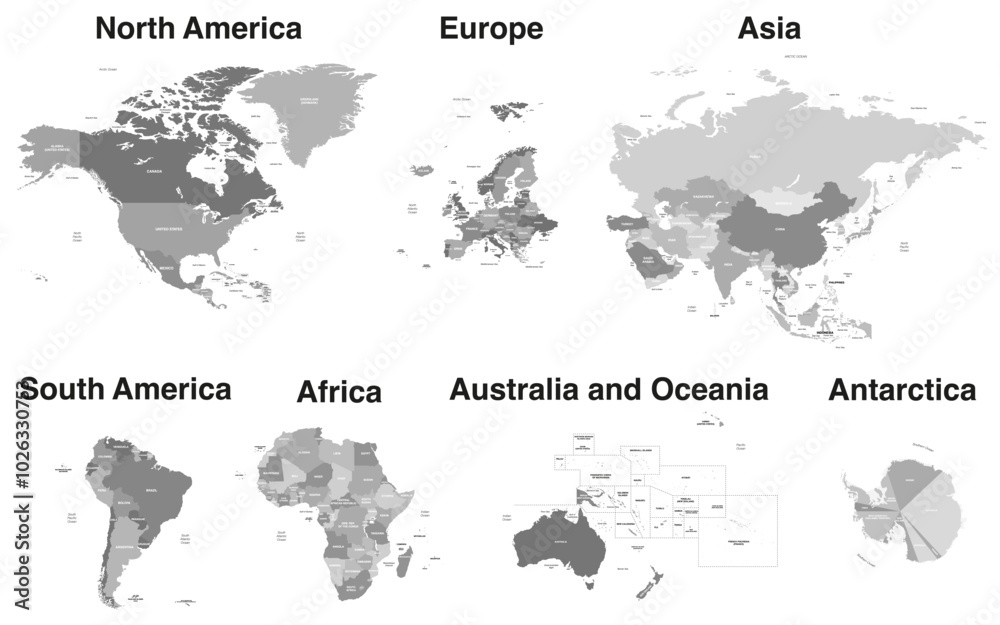 All world continents detailed political isolated maps in grey scale ...