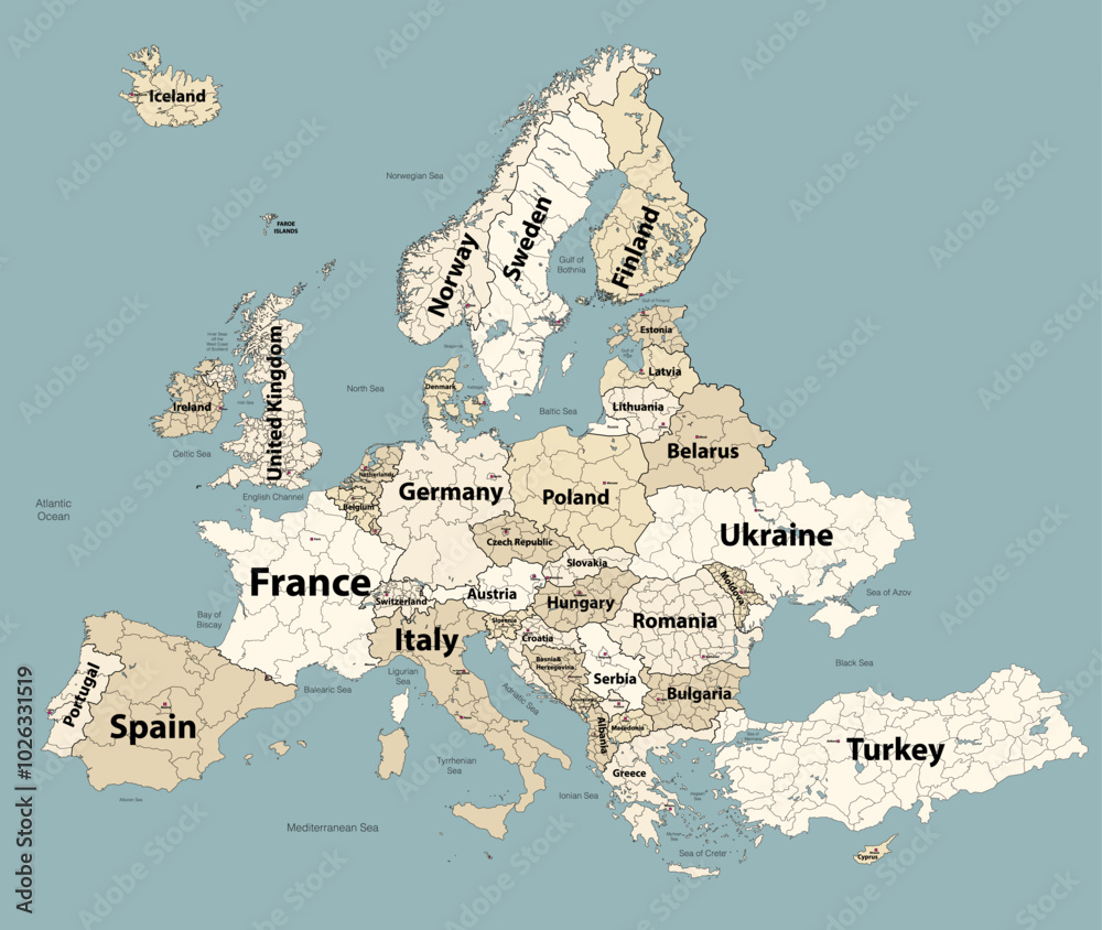Europe map with administrative divisions borders. Soft beige color ...