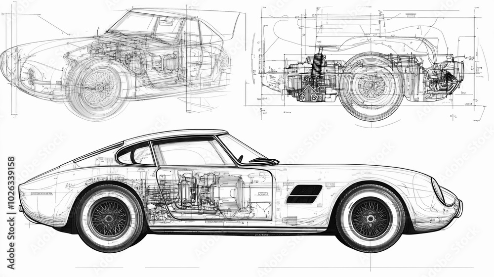 Auto blueprint in a technical drawing style, showcasing detailed ...