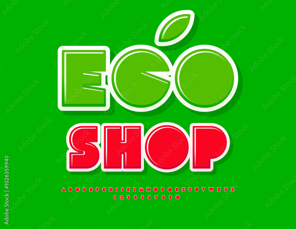 Vector bright advertisement Eco Shop. Glossy Red Font. Modern Alphabet Letters and Numbers set ...