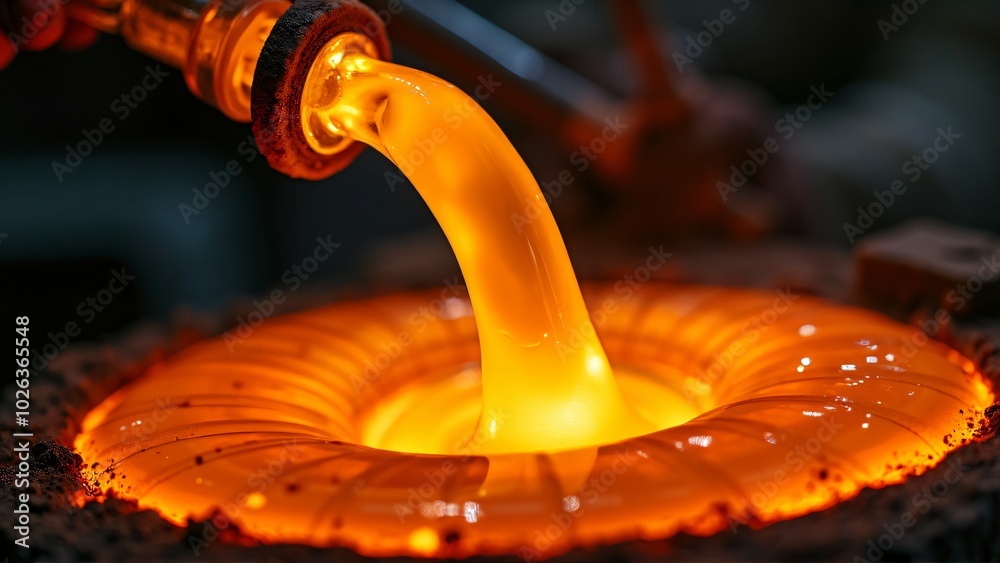 Molten Orange Glass Pouring into Circular Mold in Glassblowing Workshop ...