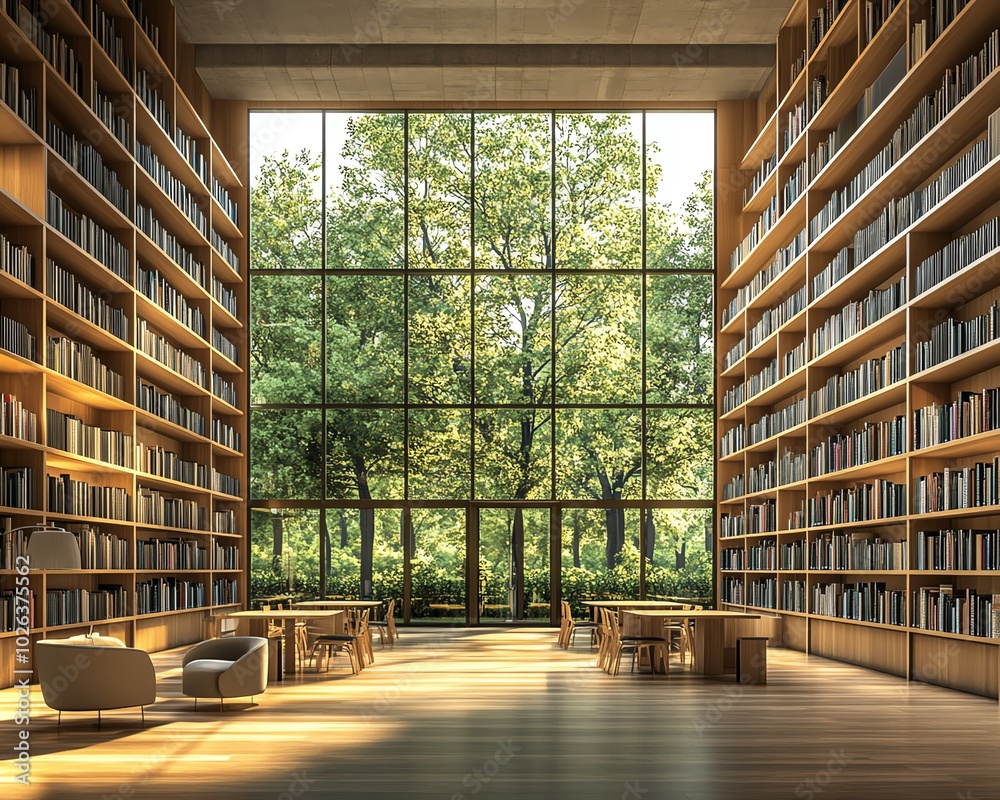 Spacious public library interior featuring contemporary style, blank ...