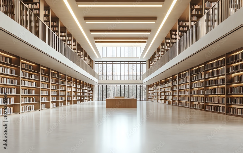 Contemporary public library interior with an open gallery area, empty ...