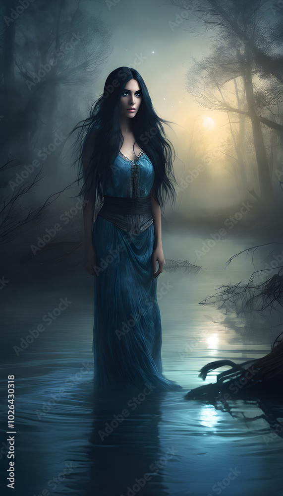 A young girl ghost in a white dress stained with mud sits by the river ...