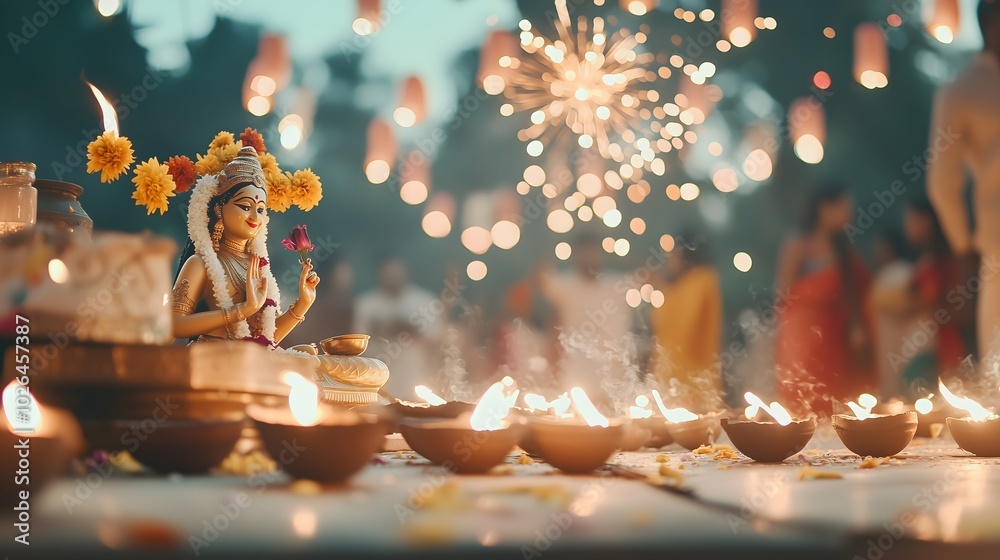 grand Diwali scene with Lakshmi idol in focus, surrounded by sparkling ...