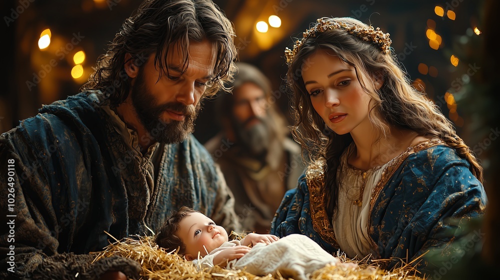 Christmas nativity scene of born child baby Jesus Christ in the manger ...