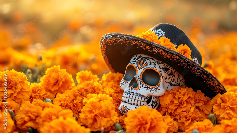 Mexican skeleton with sugar skull makeup and sombrero hat in marigold ...