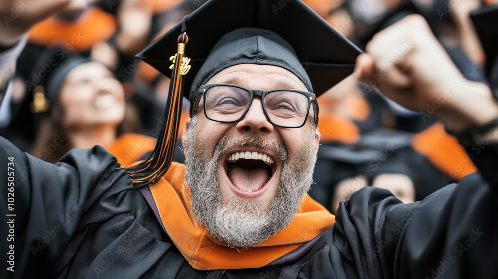Excited graduate with glasses and gray beard celebrating at graduation ...