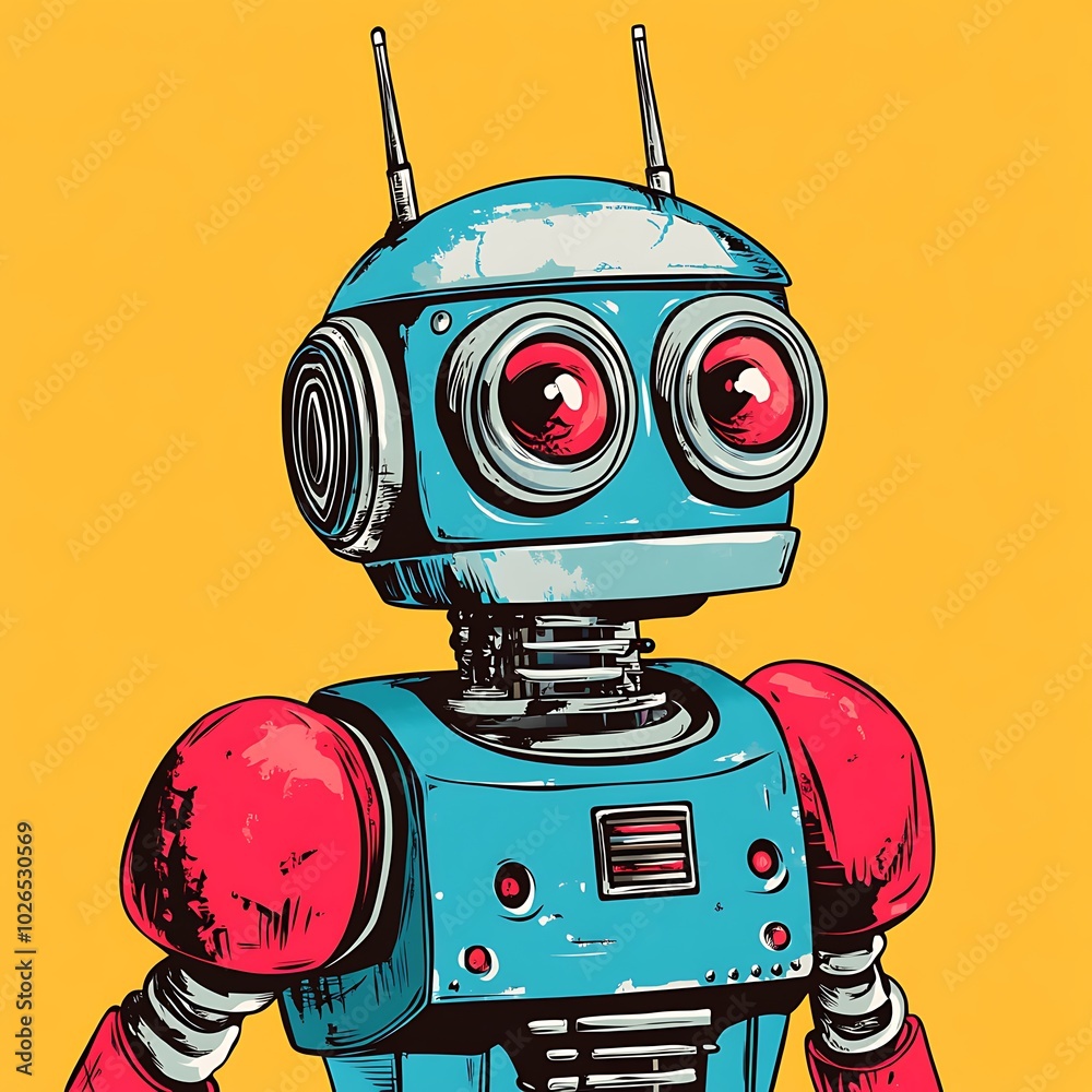 A cartoon illustration of a blue robot with red arms and antennas ...