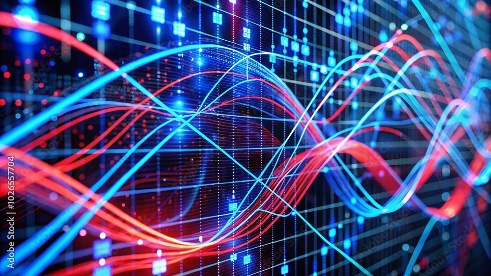 Candid Computer Screen with Red and Blue Lines and Numbers for Data ...