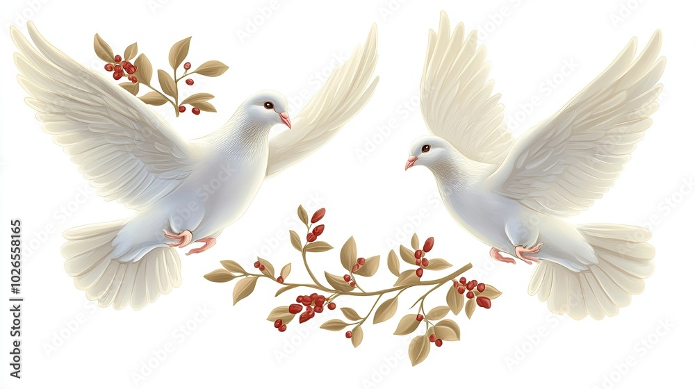Two white doves in flight, facing each other, with a branch of red ...