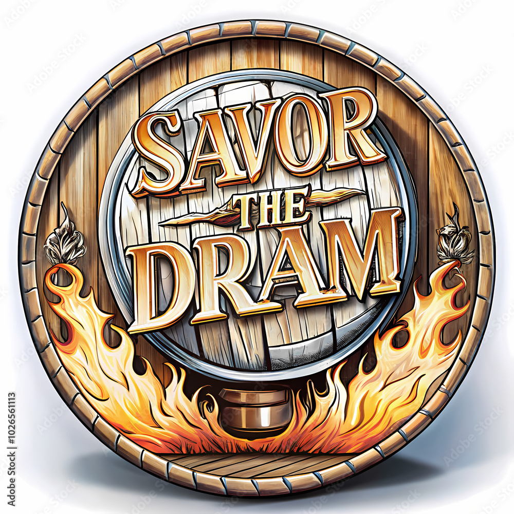 Whiskey barrel on fire with "Savor the Dram" text Stock Illustration ...