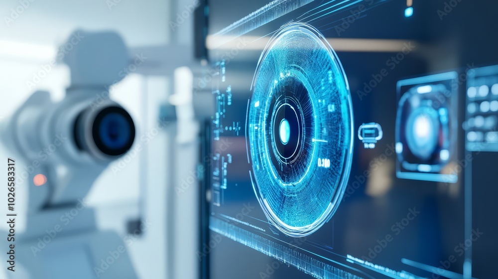 3D render of a digital retinal scanner examining a patient's eye, with ...