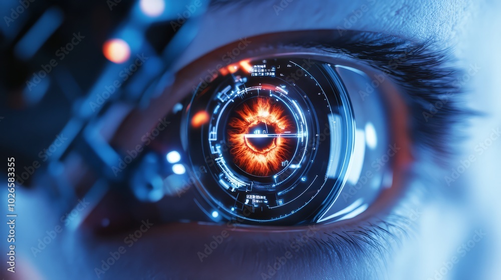 3D render of a digital retinal scanner examining a patient's eye, with ...