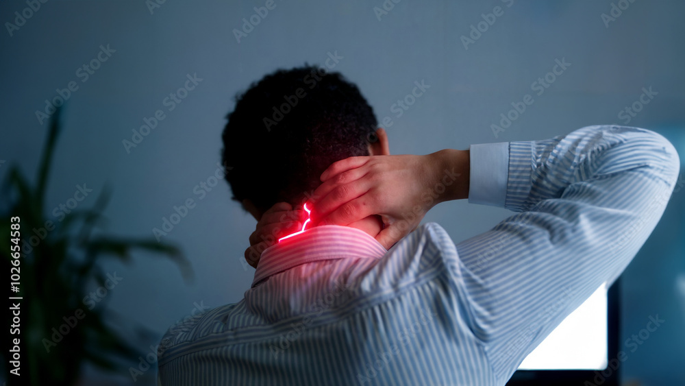 Person massaging the back of their neck while experiencing neck pain in ...