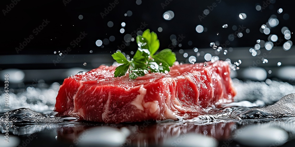 Food photography background, raw marbled steak showcased mid-air with ...