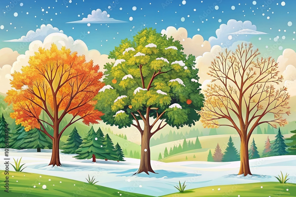 Seasonal Tree Illustration: Summer, Autumn, Winter - Vector Cartoon ...