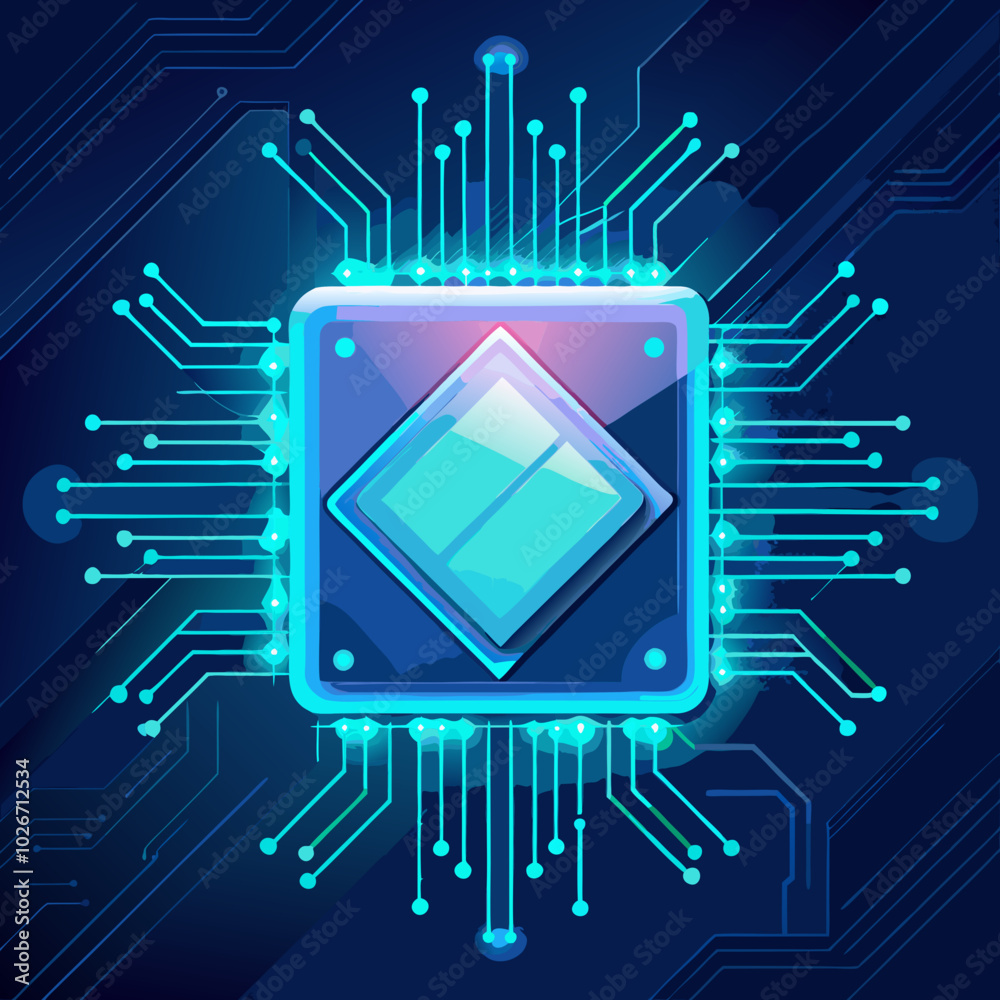 Glowing light blue neon AI chip with thin circuit contact lines. AI ...