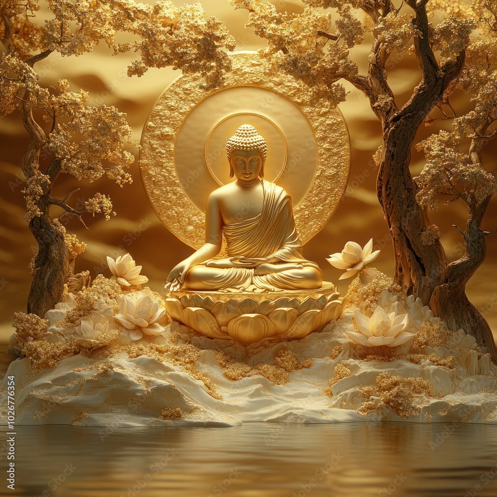 Golden Buddha Celebrating Vesak Day with Lotus and Bodhi Tree Vector ...